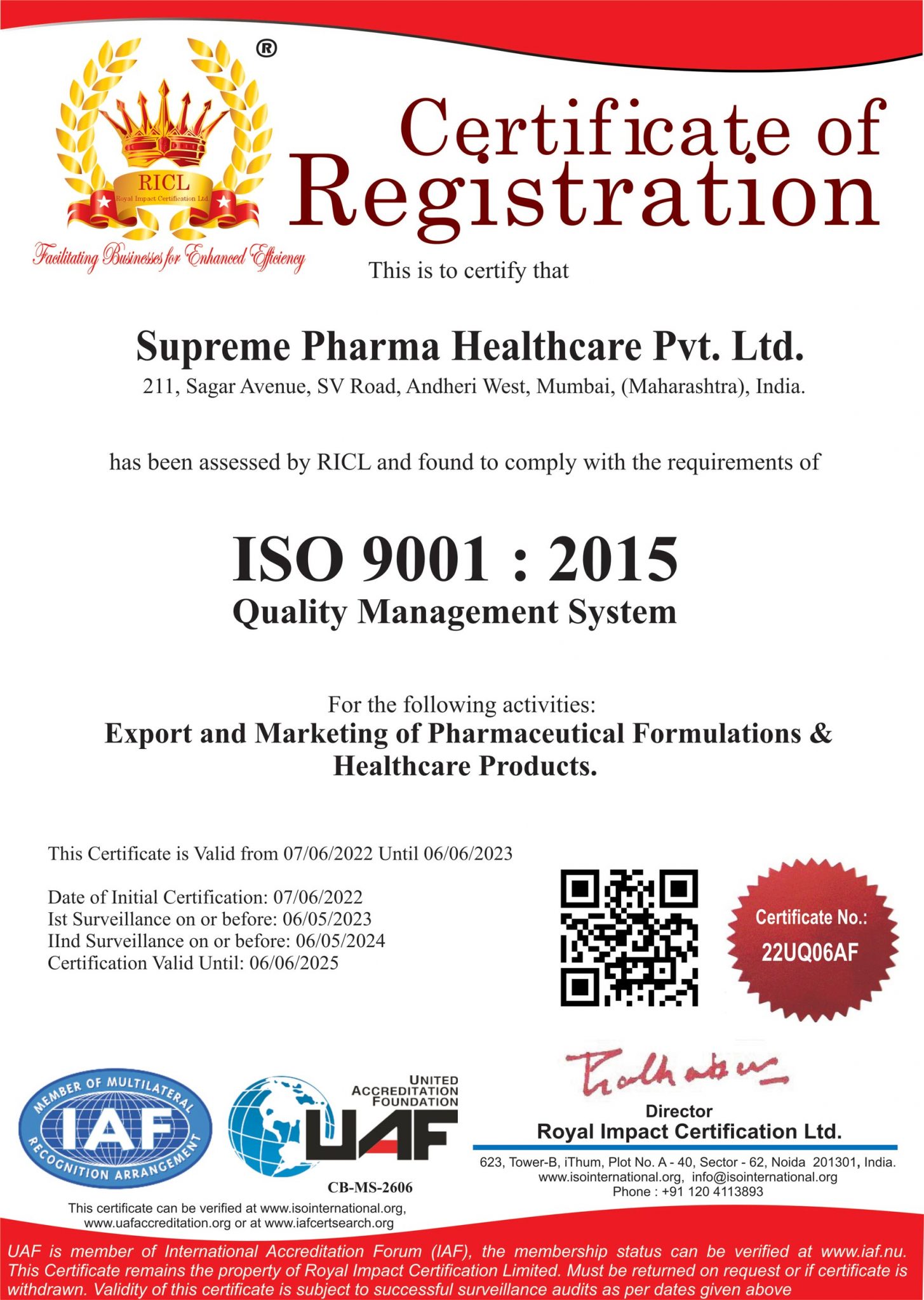 QMS ISO certificate – Supreme Health